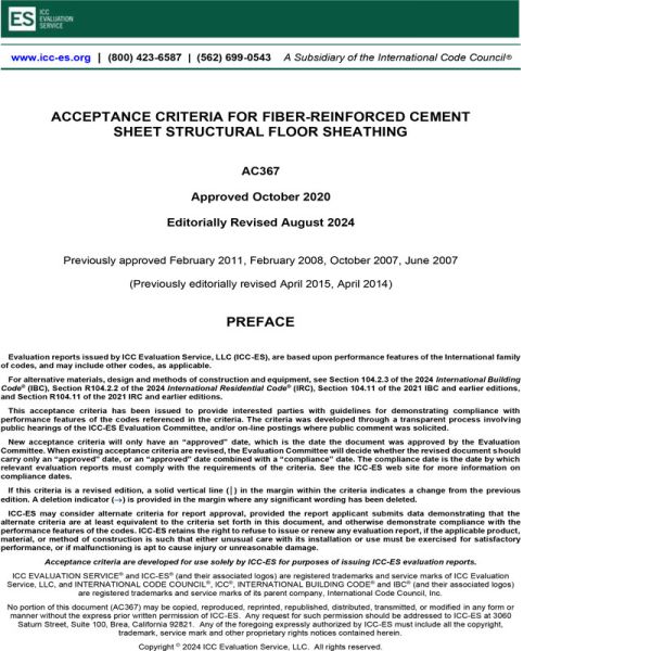 AC367 Fiber-reinforced Cement Sheet Structural Floor Sheathing—Approved ...
